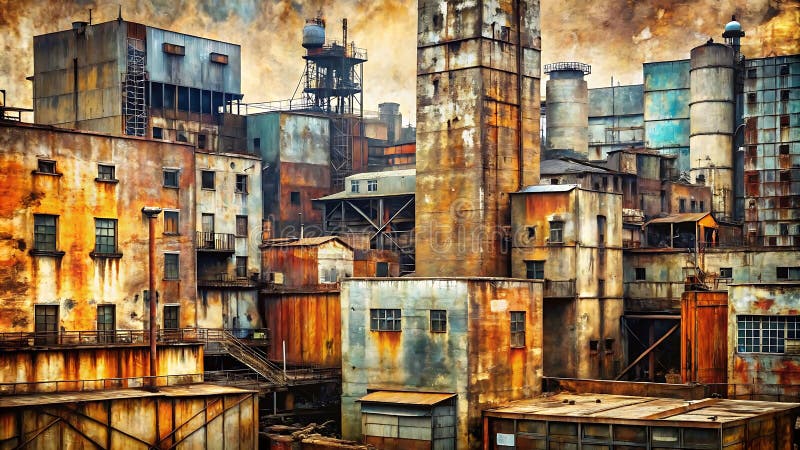 The Image is a Close-up View of an Abandoned Industrial Complex with ...