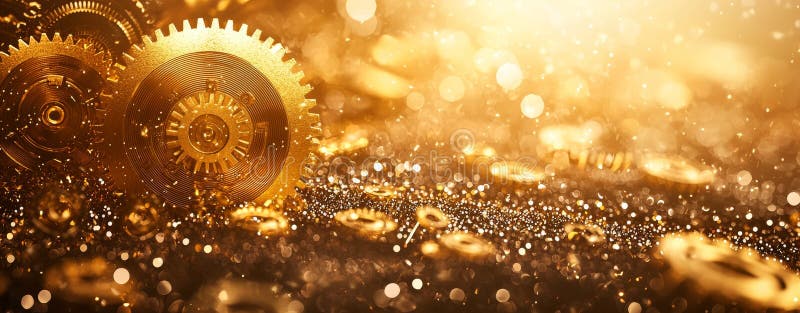 The Image is a Close Up View of Many Different Sized Gold Gears ...