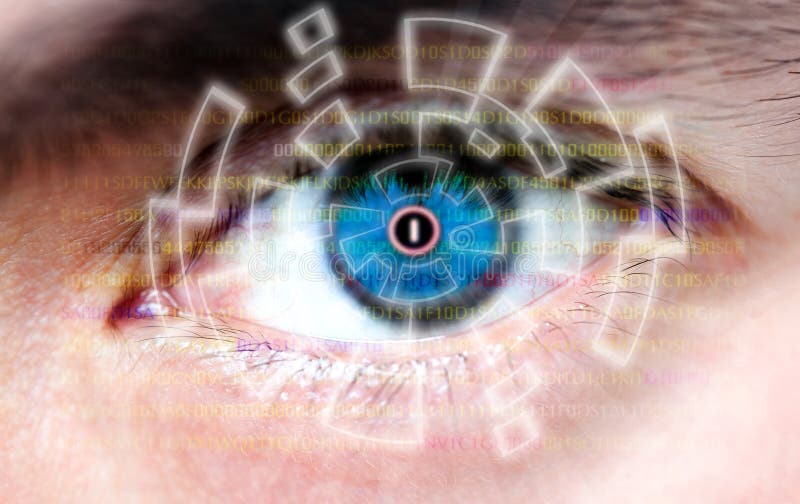 Image Closeup of Man Eye of the Future Screen Scanning Code Cyber ...