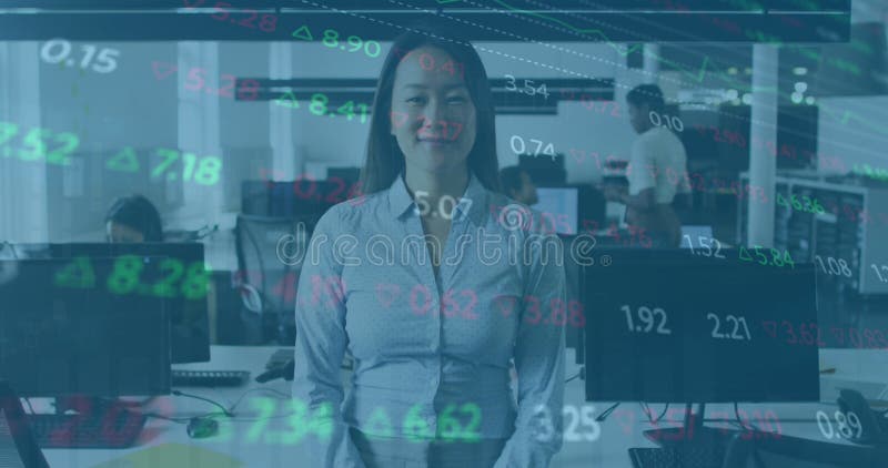 Image of Cloud Text in Cloud and Trading Board Over Asian Woman Standing Arms Crossed in Office ...
