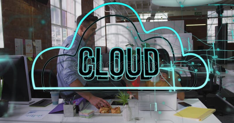 Image of Cloud Text in Cloud Over Caucasian Coworkers Having Snacks and Coffee in Office Stock ...