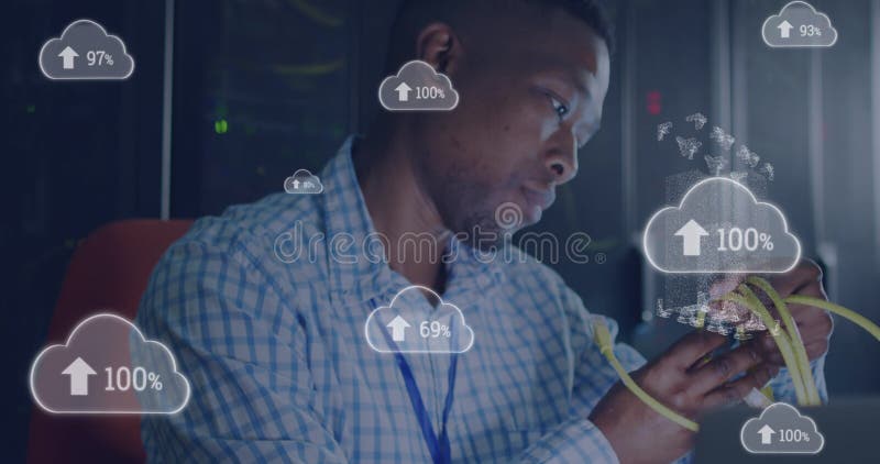 Image of Cloud with Uploading Over African American Man Working in ...