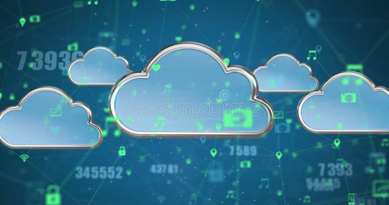 Image of Clouds, Changing Numbers and Connected Icons Over Blue ...