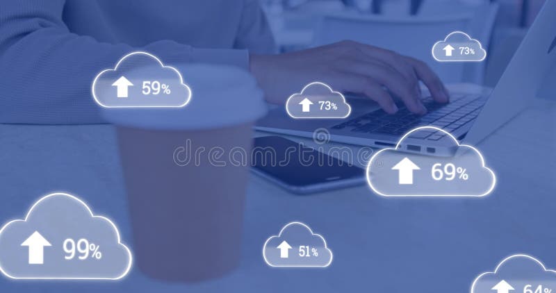 Image of Clouds with Changing Numbers Over Caucasian Man Working Over ...