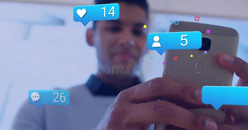 Image of Clouds and Digital Icons Over Man Using Smartphone Stock Photo ...