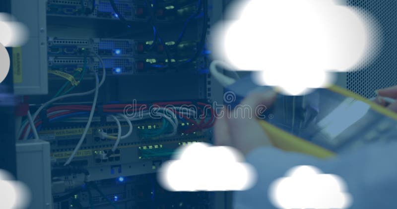 Image of Clouds Icons Over Caucasian Female Worker Inspecting Server ...