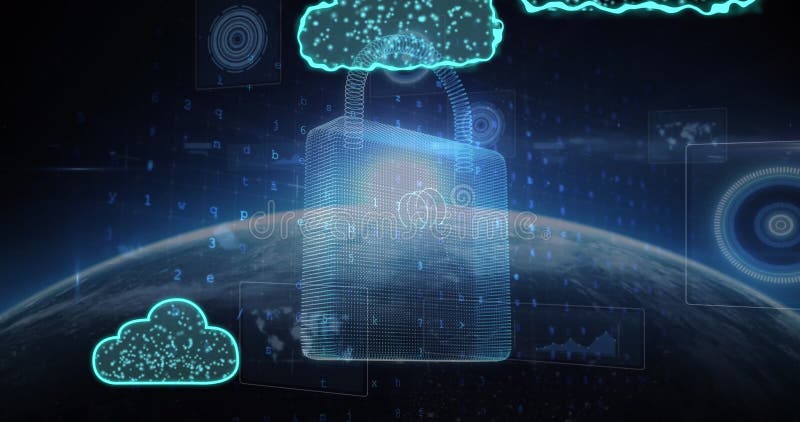 Image of Clouds, Padlock, Letters, Symbols, Text and Numbers Over Globe ...