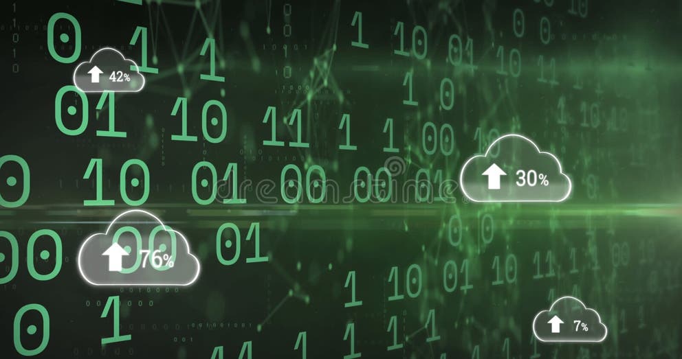 Image of Clouds with Uploading Over Binary Code on Green Background Stock Illustration ...