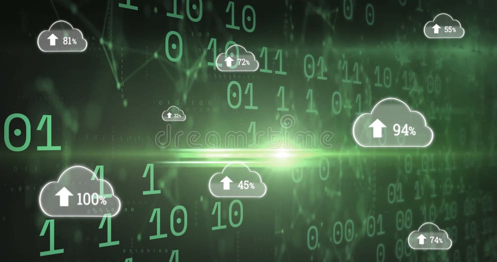Image of Clouds with Uploading Over Binary Code on Green Background Stock Illustration ...