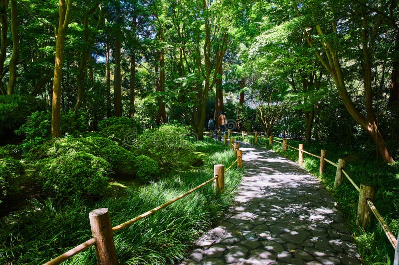 Cobblestone Trail with Bamboo Railing and People Walking Along Nature ...