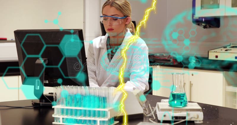Image of Codes, Lightning, Brain, Molecule Structure Over Caucasian Scientist Using Computer ...
