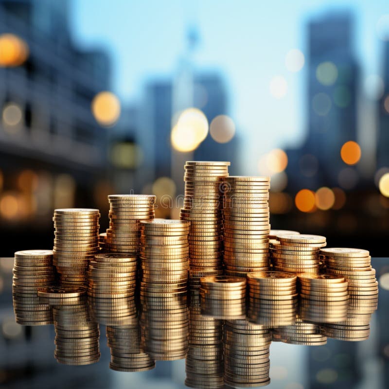 Image Coins Stack Against Urban Backdrop, Symbolizing Growth and ...