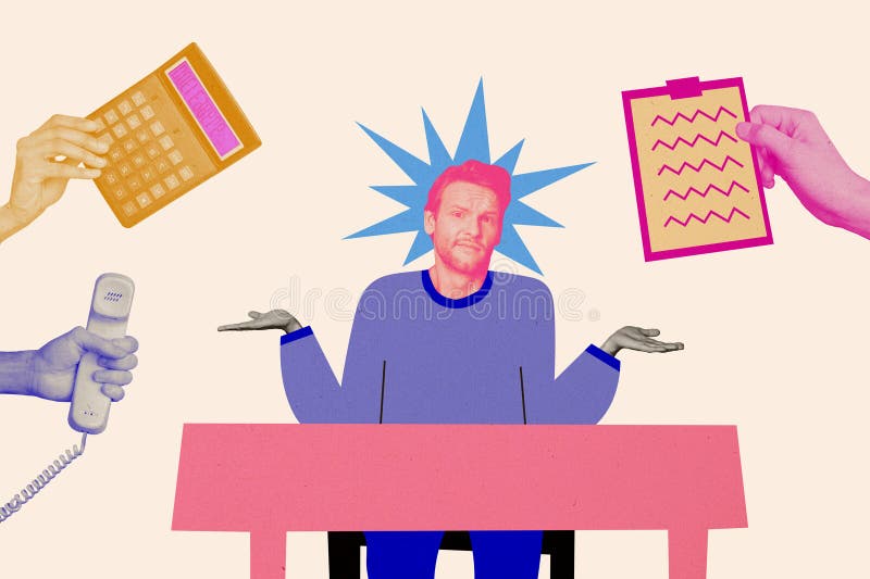 Image Collage Artwork of Puzzled Uncertain Man Sitting Table Shrugging ...