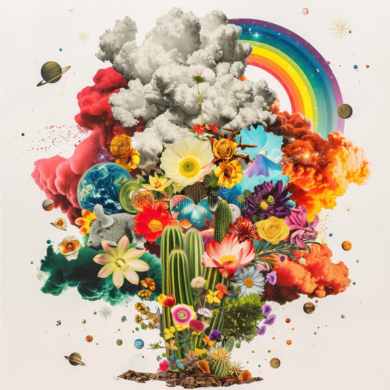 A Whimsical Collage of Flowers, Clouds, Planets, and a Rainbow Stock ...