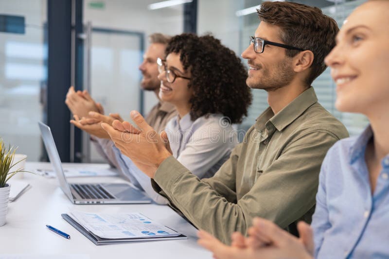 Image of Colleagues Clapping Hands at Seminar, Listening Speaker ...
