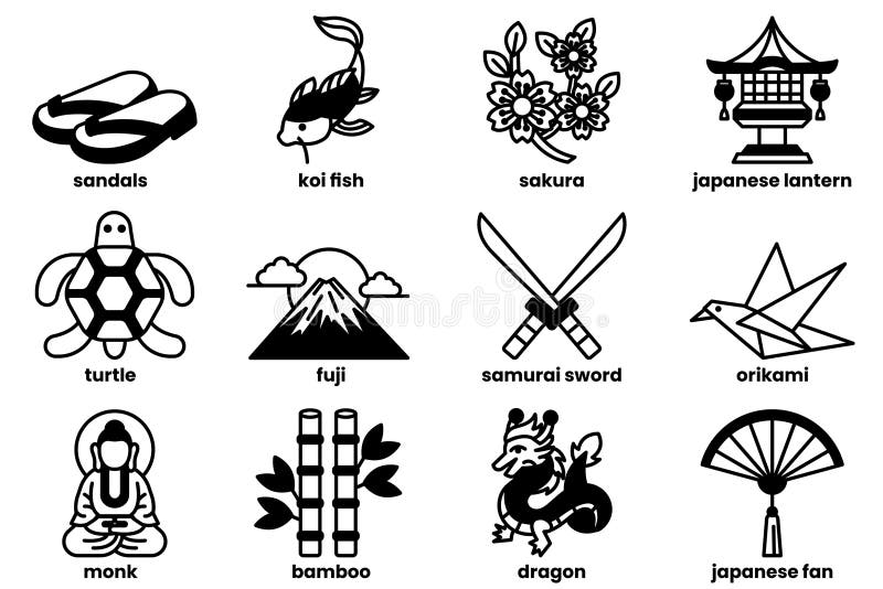 The Image is a Collection of Various Asian Symbols and Objects Stock ...