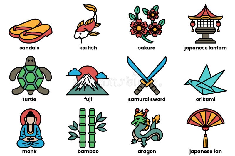 The Image is a Collection of Various Asian Symbols and Objects Stock ...