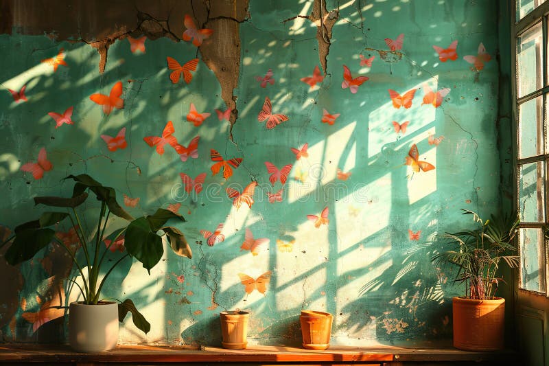 An Image of Colored Butterflies on an Old Wall with a Shadow from a ...
