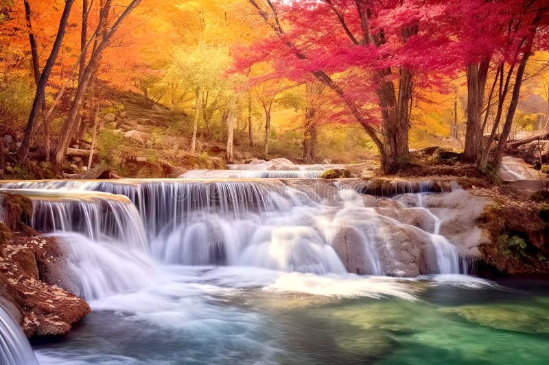 Colorful Image Autumn Landscape with Waterfalls Stock Illustration ...