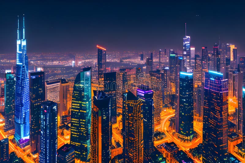 Image of the Colorful Night City Skyscraper Landscape Illuminated ...