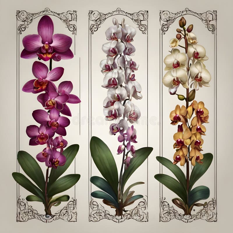 Image of 3 Colorful Orchid Flowers in Vertical Frame Column with Nordic ...