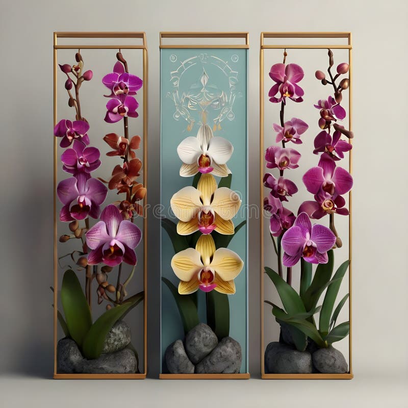 Image of 3 Colorful Orchid Flowers in Vertical Frame Column with Nordic ...