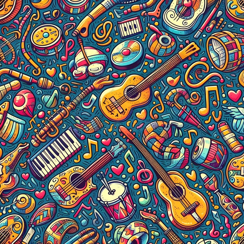 Image of Colorful Seamless Pattern with Doodled Musical Instruments and ...