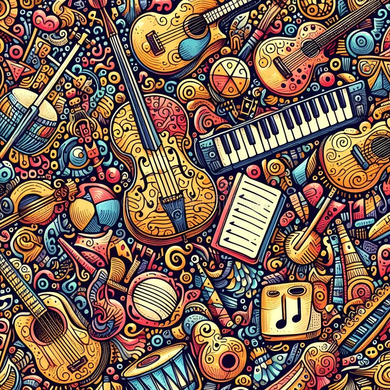 Image of Colorful Seamless Pattern with Doodled Musical Instruments and ...