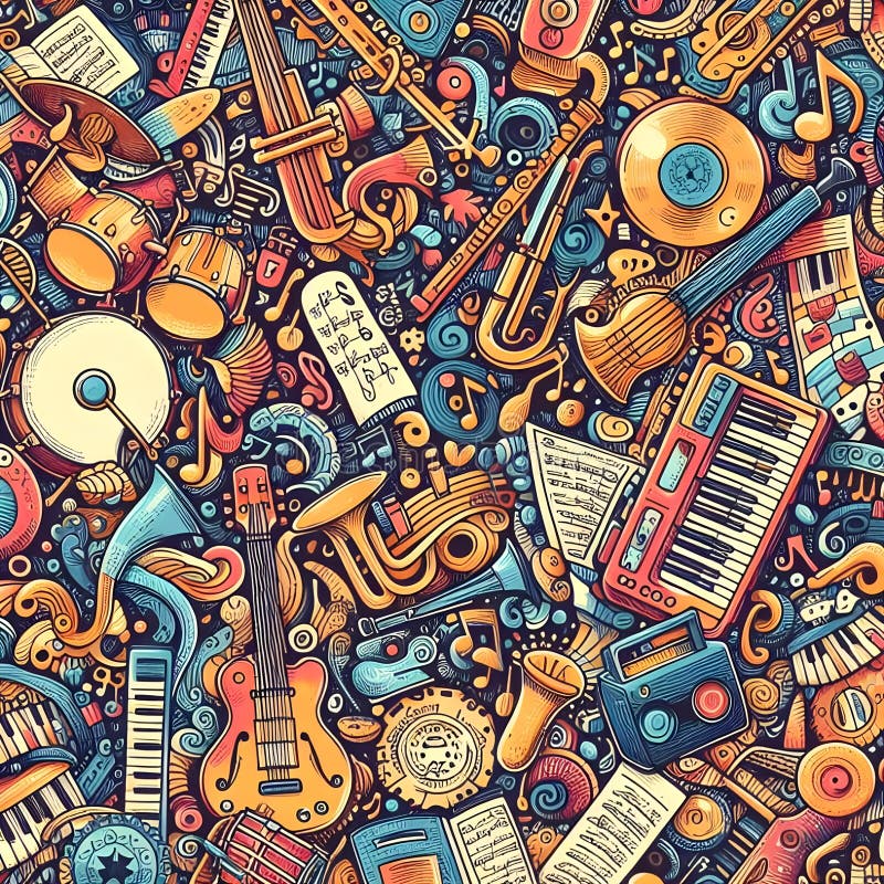Image of Colorful Seamless Pattern with Doodled Musical Instruments and ...