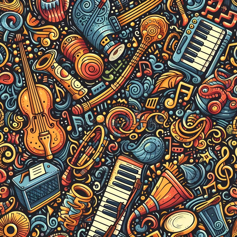 Image of Colorful Seamless Pattern with Doodled Musical Instruments and ...