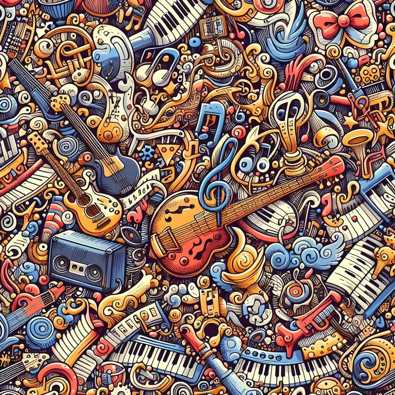 Image of Colorful Seamless Pattern with Doodled Musical Instruments and ...