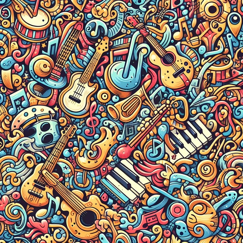 Image of Colorful Seamless Pattern with Doodled Musical Instruments and ...