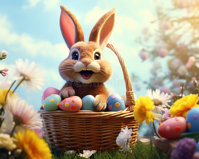 Colourful Cute Easter Bunny in a Basket. Stock Illustration ...
