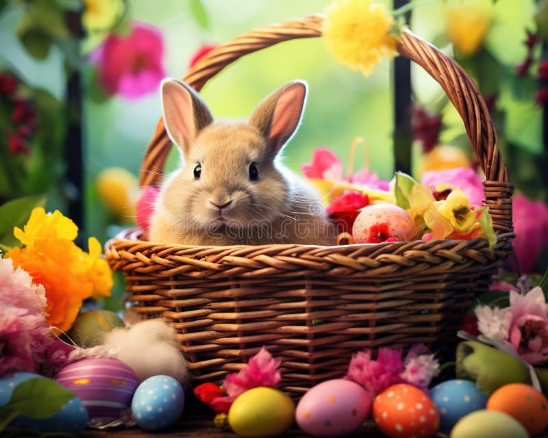 Colourful Cute Easter Bunny in a Basket. Stock Illustration ...