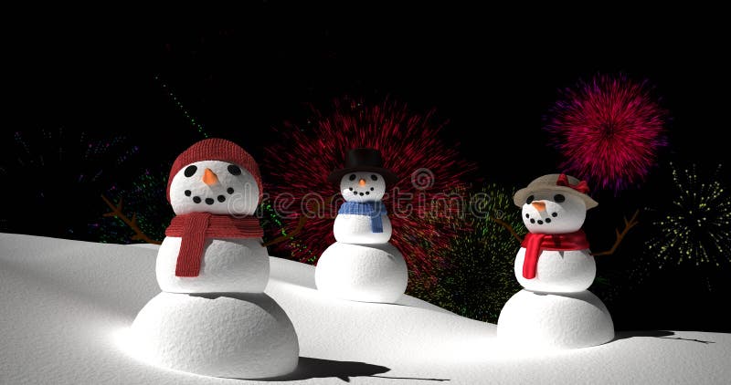 Image of Colourful Fireworks Exploding Over Christmas Snowmen on Black ...