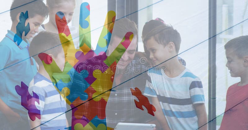 Image of Colourful Hand Over Kids and Man Using Electronic Devices ...