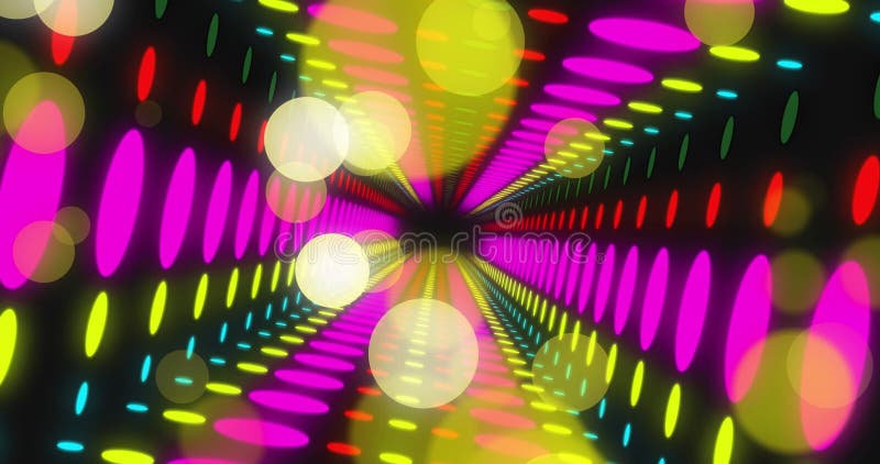 Image of Colourful Neon Spots and Digital Tunnel on Black Background ...