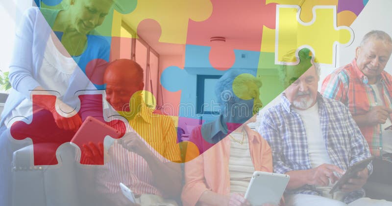 Image of Colourful Puzzle Pieces Heart Over Senior Friends Using ...