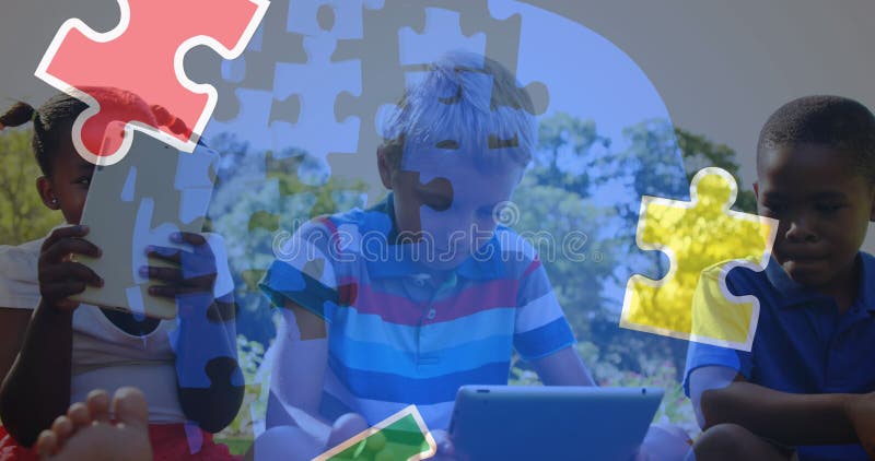Image of Colourful Puzzle Pieces and Human Head Over Children Using ...