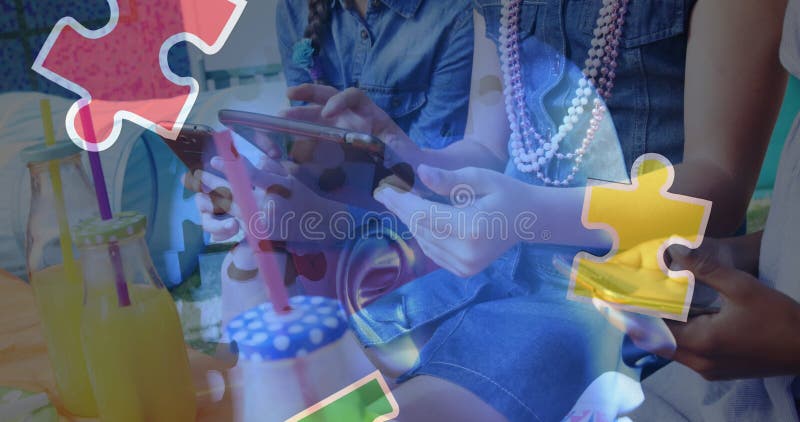 Image of Colourful Puzzle Pieces and Human Head Over Children Using ...