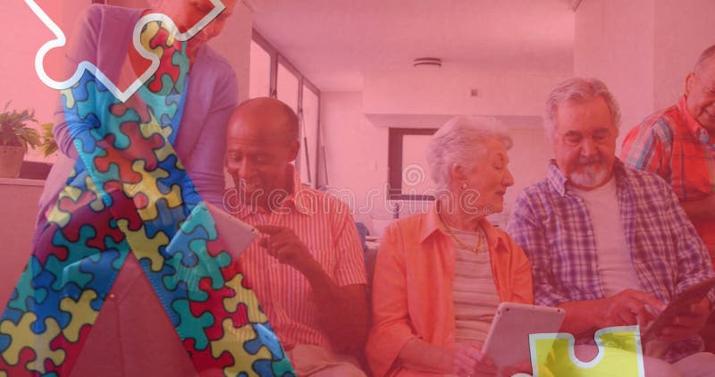 Image of Colourful Puzzle Pieces Ribbon Over Senior Friends Using ...