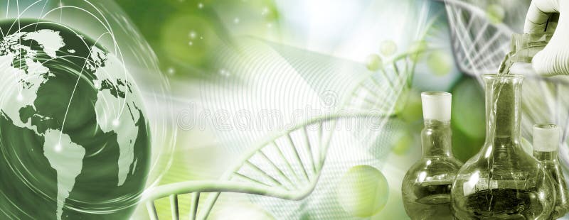Image Combining the Globe, a Stylized Model of DNA, Flasks and Liquid ...