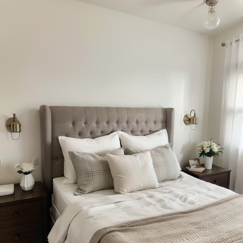 Comfortable Bed with Pillows in Room Stylish Interior Design Stock ...