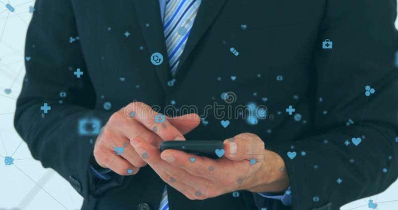 Image of Communication Network and Health Icons Over Caucasian ...