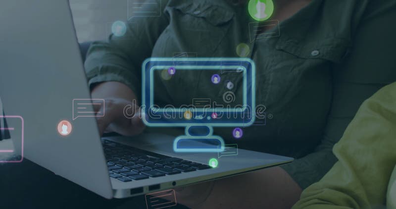 Image of Computer and Chat Icons Over Two Happy Caucasian Female ...