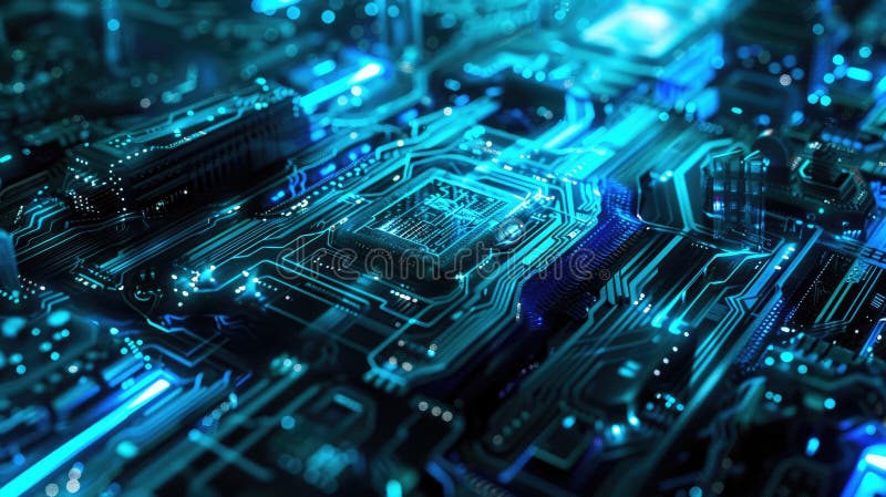 The Image is of a Computer Chip with Blue Glowing Lines Running through ...