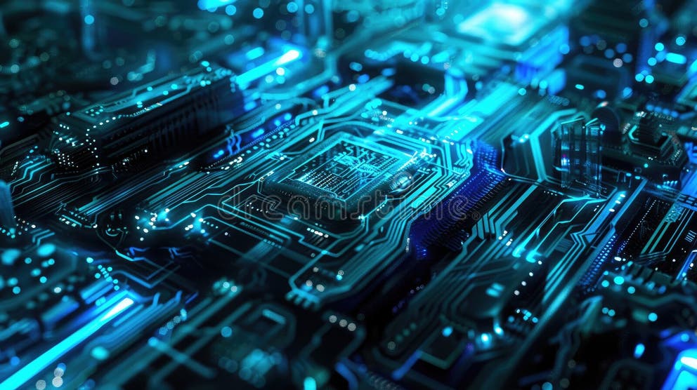 The Image is of a Computer Chip with Blue Glowing Lines Running through ...
