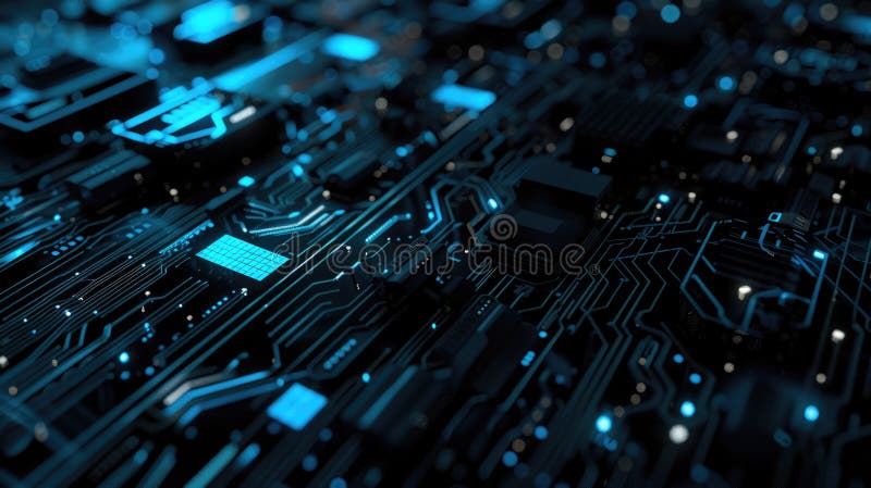 The Image is of a Computer Chip with Blue Lights on it. it is a Close ...