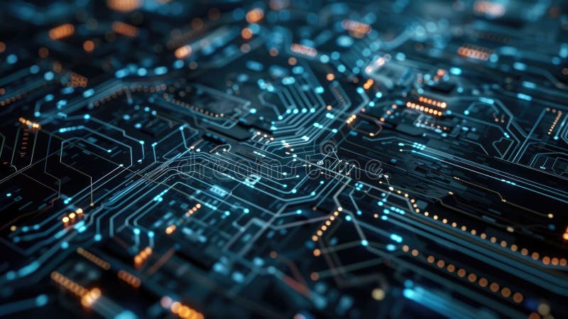 The Image is of a Computer Chip with Blue and Orange Lights Stock ...