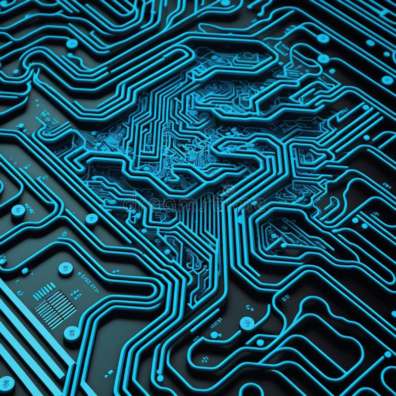 Image of Computer Circuit Board and Blue Light Trails on Dark ...